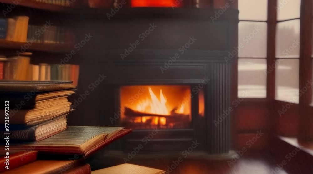 animation, motion effect Step into a cozy library, where the air is ...