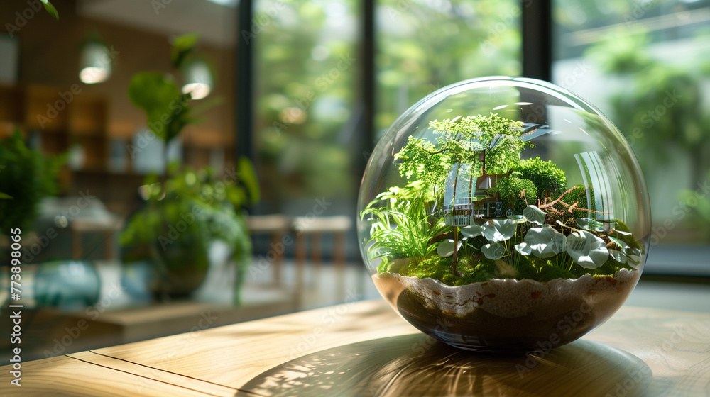green eco system in glass sphere on the table in modern office ...