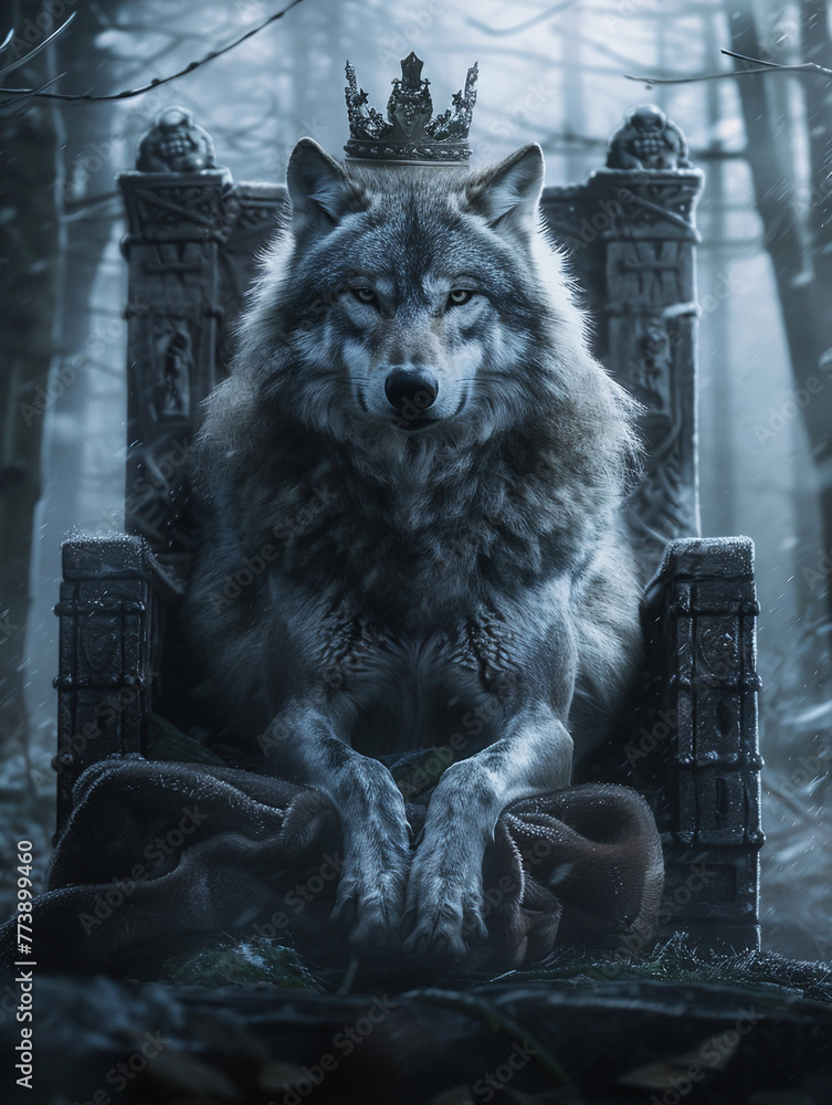Wolf as king Wolf with a crown, seated on a throne, leading the pack ...