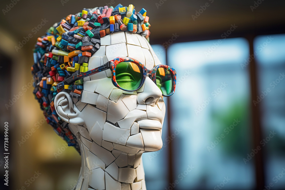 Sculpture of a head made with keyboard keys and colorful sunglasses ...
