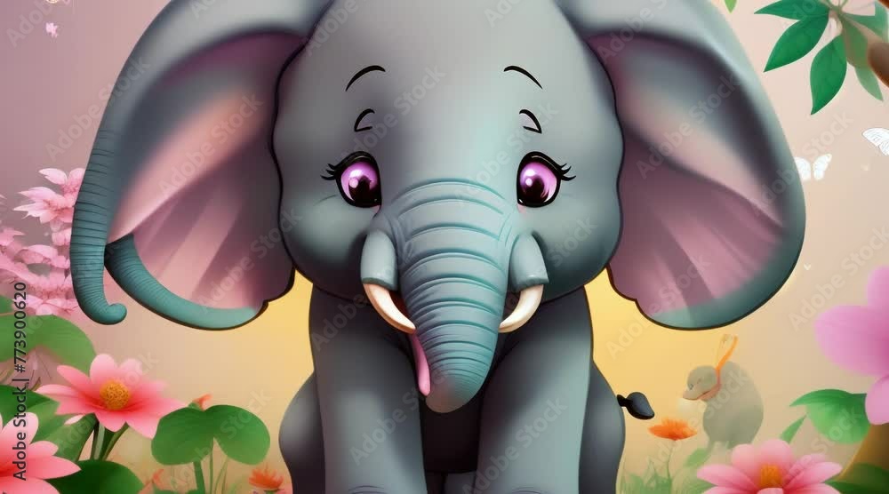 animation, motion effect Visualize a cute elephant, a gentle giant with ...