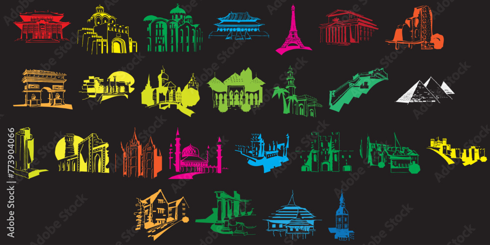 World famous architecture landmarks silhouettes, vector illustration ...