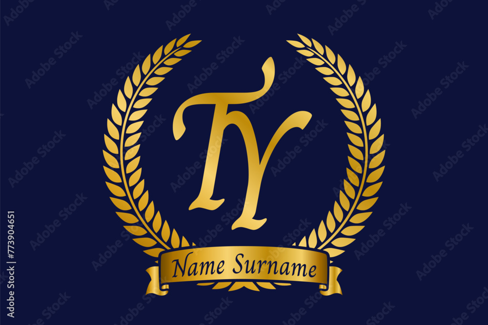 Initial letter T and Y, TY monogram logo design with laurel wreath ...