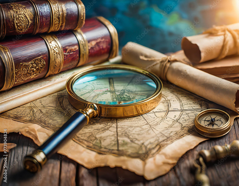 Antique navigation tools on a map with scrolls and old books, concept ...