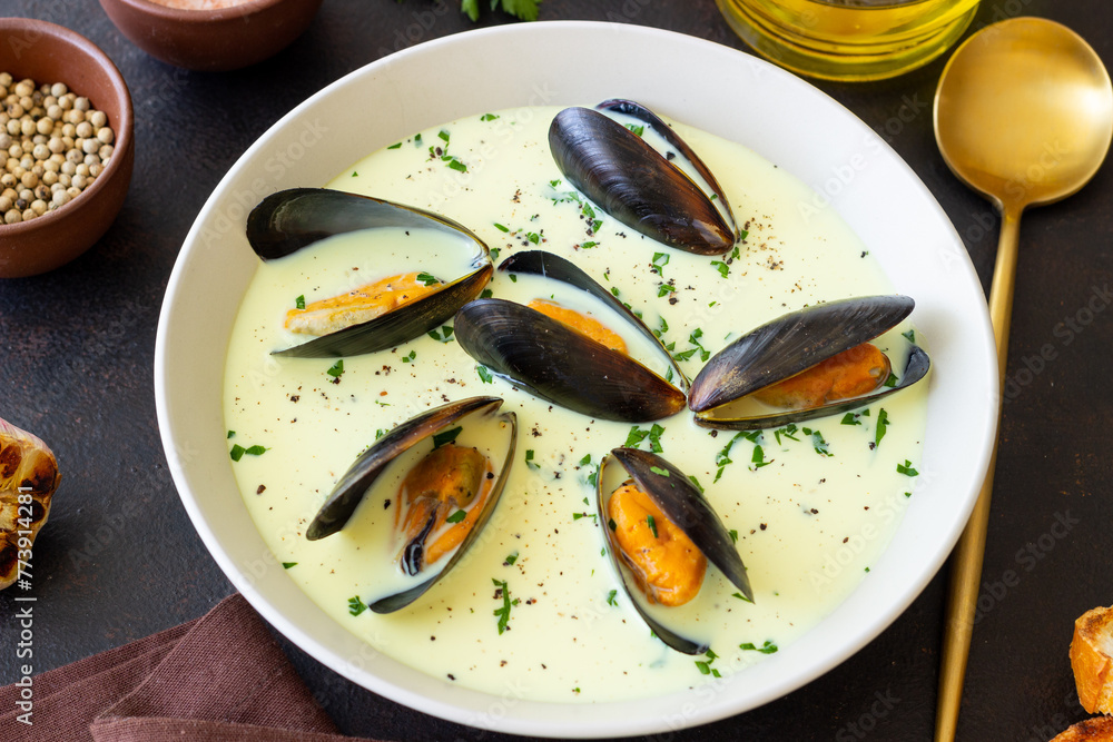 Creamy mussels soup. Seafood. Chowder. Healthy eating. Stock Photo ...