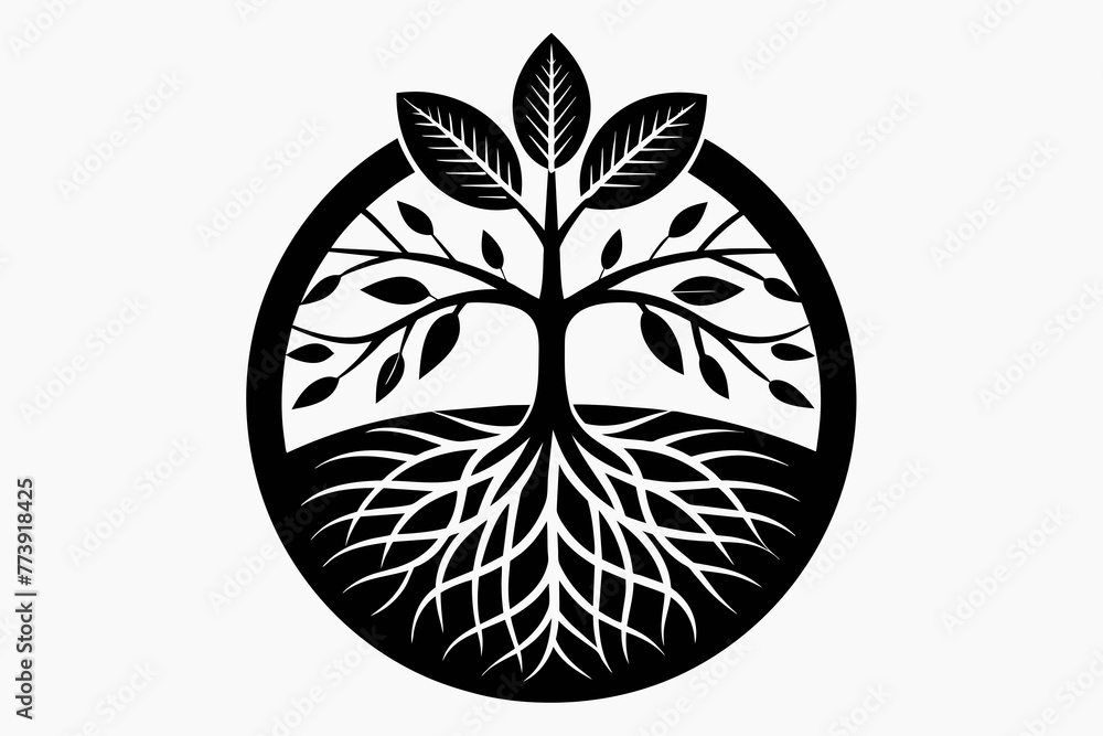 Geometric seedling roots in a perfect circle, icon, thick woodblock cut ...