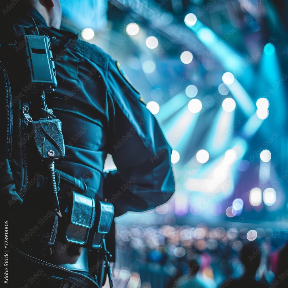 Focused view on the synchronized efforts of a concert security team ...