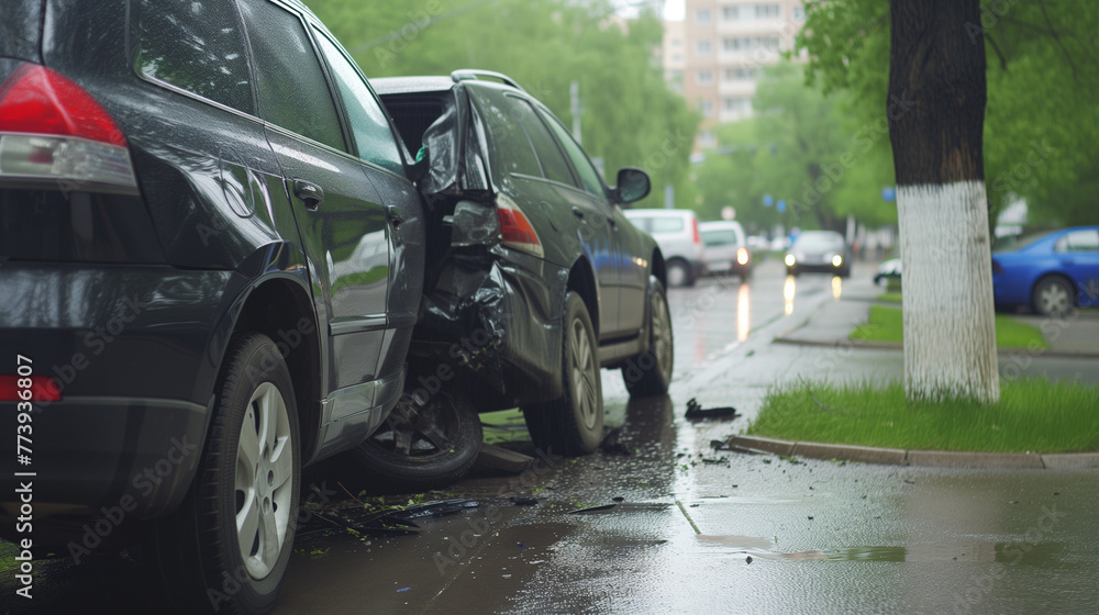 Accident between two cars. Cars stand next to each other, side view ...