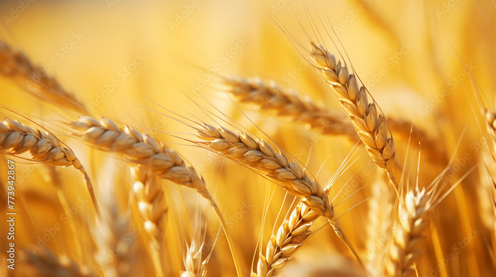 Gros plan, zoom macro sur des brins de blé. Champs de blé. Arrière-plan ...