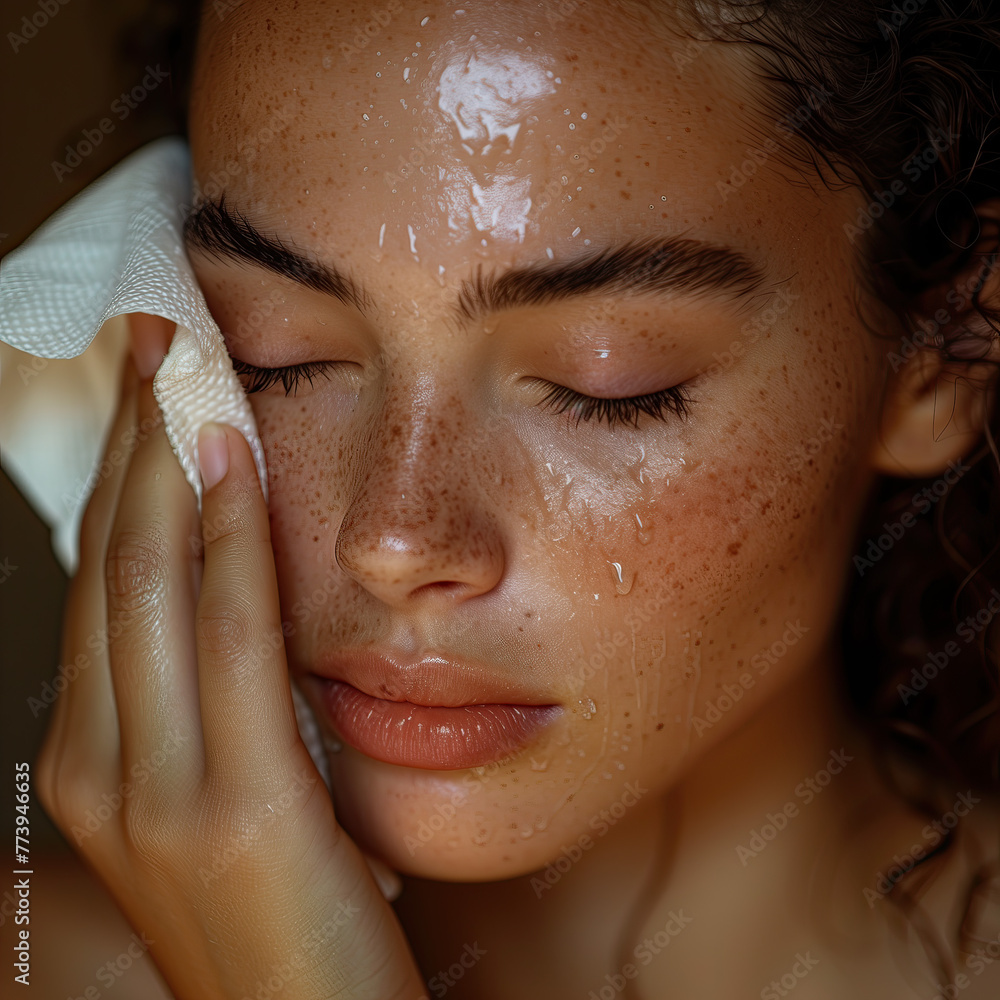 Joven morena de 25 años, frotándose suavemente la cara ...