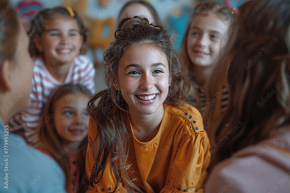 Foto de Teenage school girls sitting in a circle and hugging with their ...