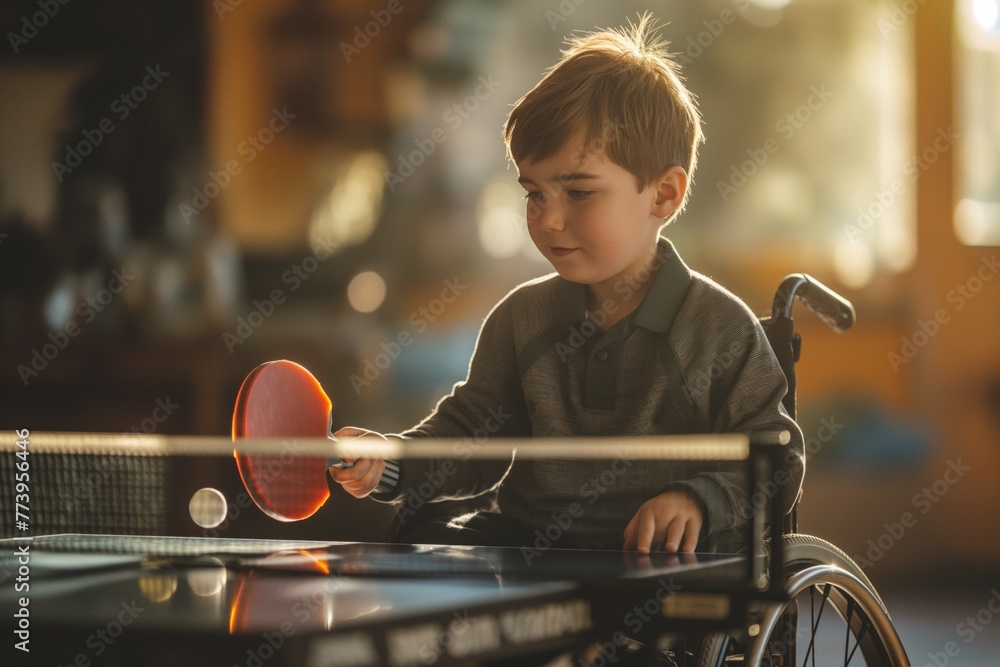 Little boy playing ping pong or table tennis in wheelchair. Disabled ...