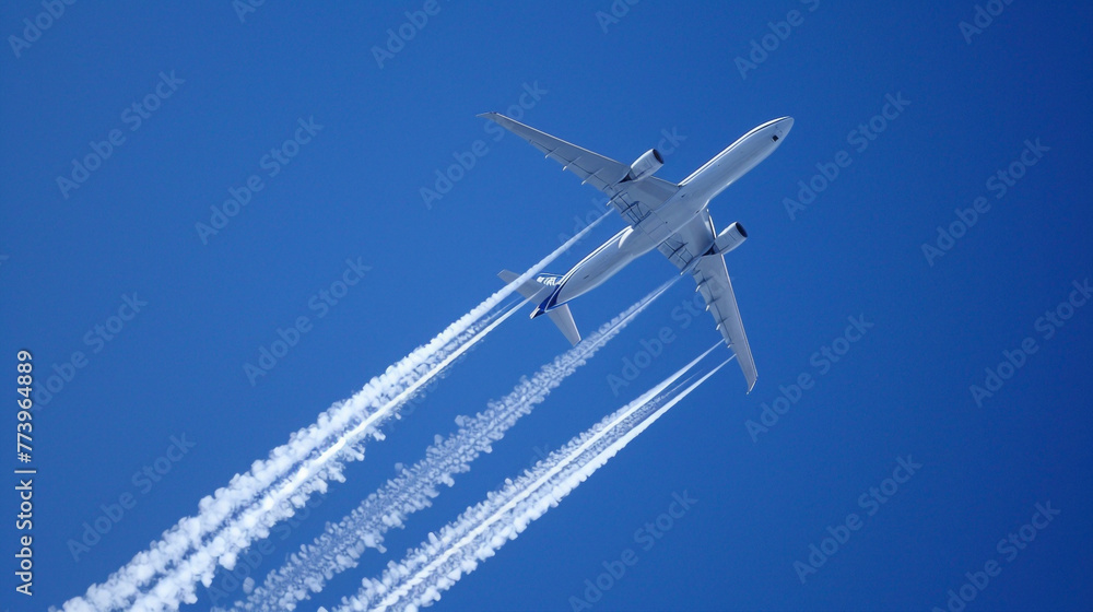 Distant passenger jet plane flying on high altitude on clear blue. A ...