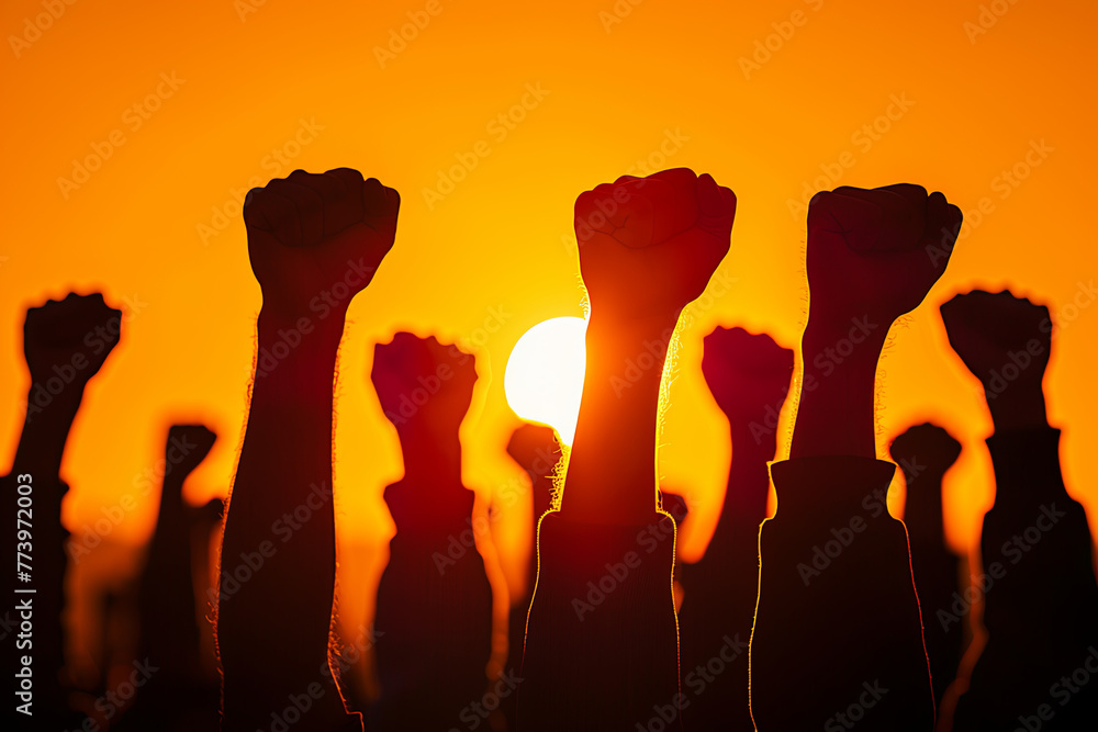 Silhouettes of male fists raised in the air, symbolizing the labor ...