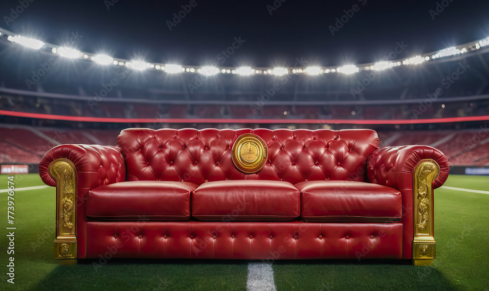Mockup red luxury sofa with gold trim stands on a soccer field. Sofa is ...
