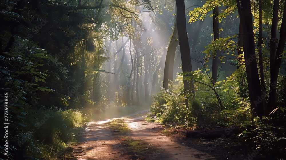 Shaded forest path with dappled sunlight filtering through the trees ...