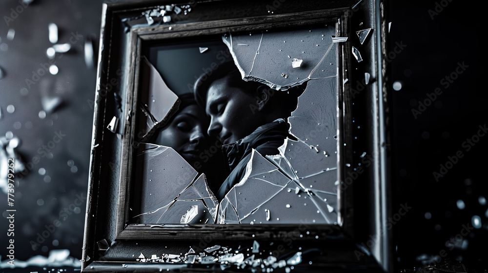 A broken picture frame with glass shattering, showing the faces of two ...