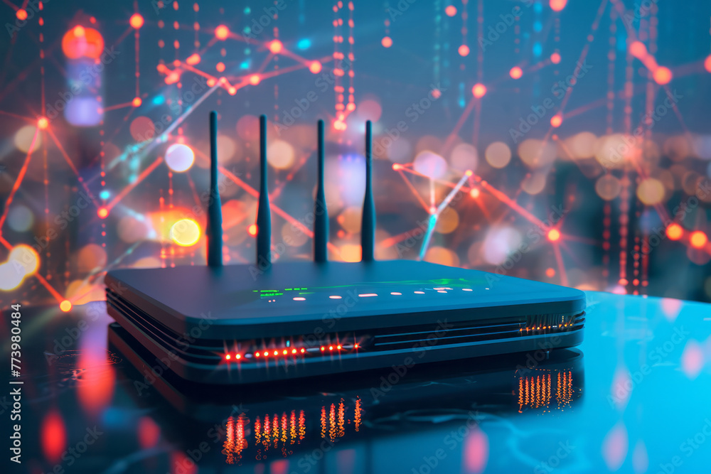 A detailed view of a router device placed on a table surface, showing ...