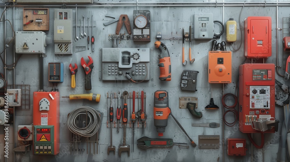 Electrician's tools and electrical diagrams are strategically placed on ...