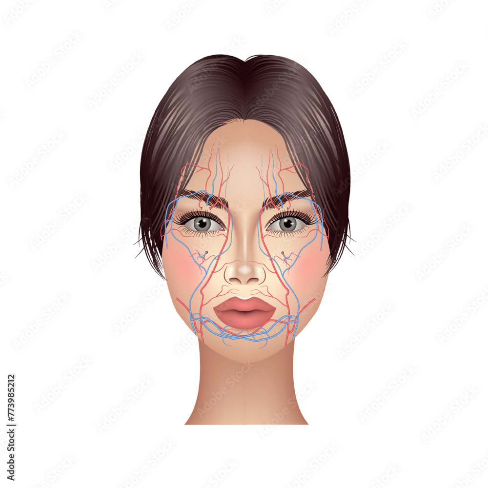 Major arteries and veins of the face. vector medical illustration ...