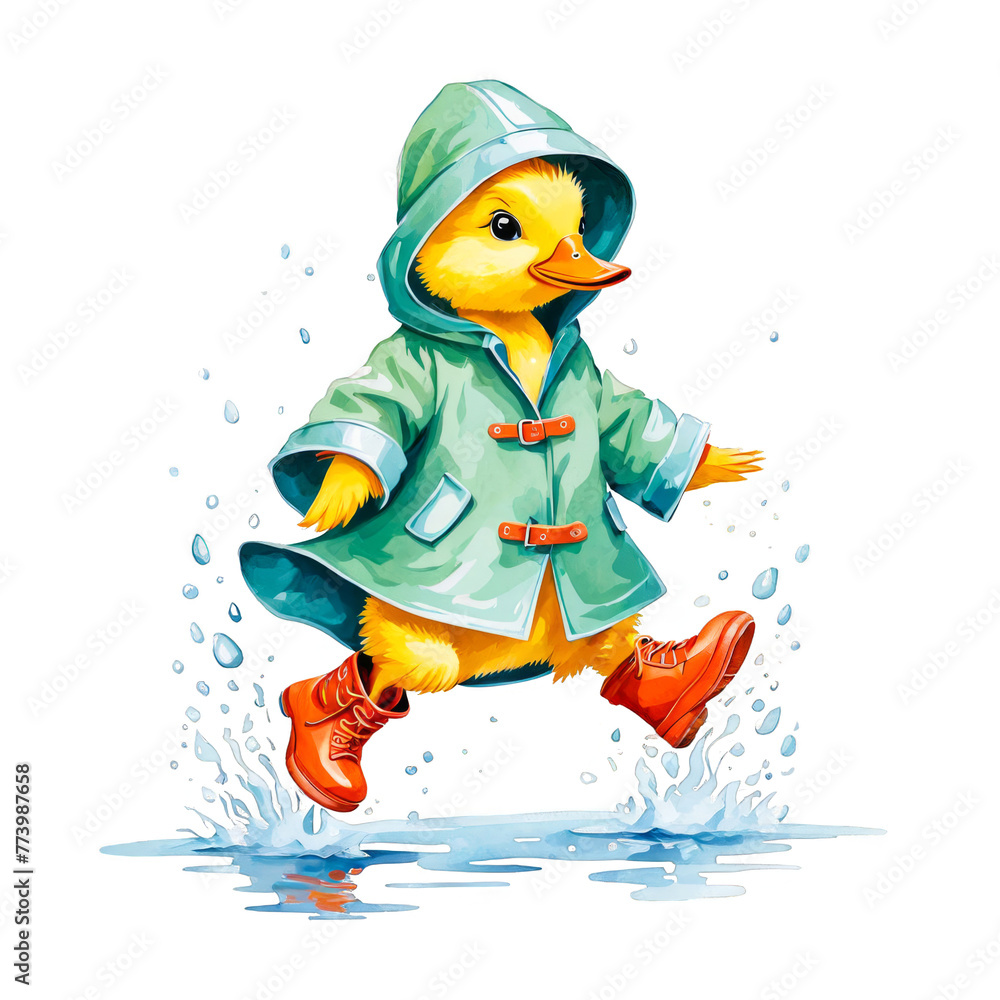 Cute duckling wearing a raincoat and boots jumping in puddles ...