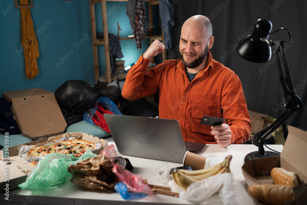 Happy lucky man freelancer feeling excited winner using laptop computer ...