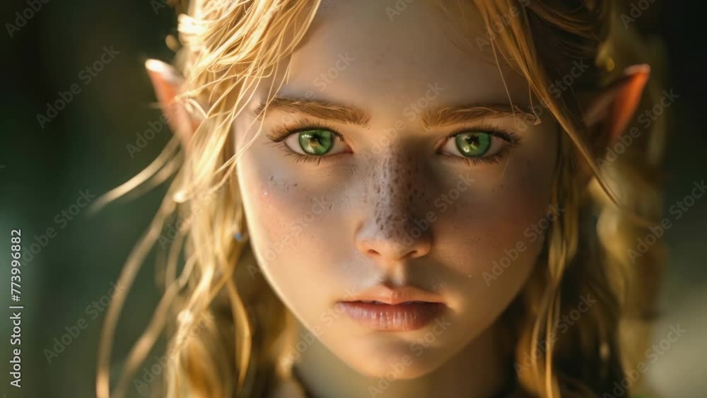 Blonde elf girl with green eyes and pointed ears. Mystical creature from fairy tale, portrait ...