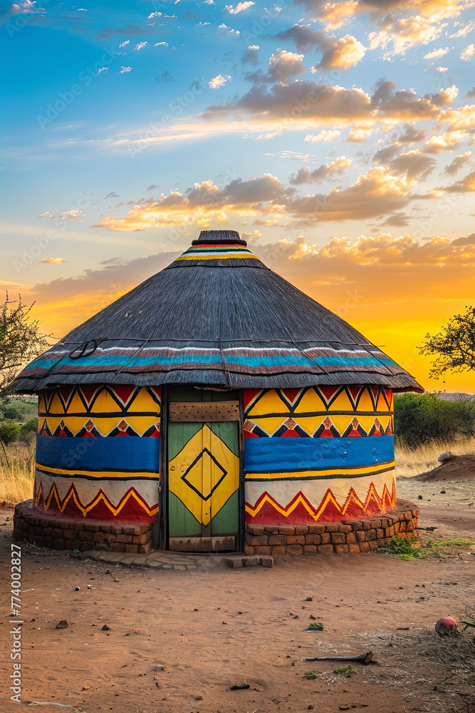 A traditional, colorful, round African hut of the Ndebele tribe in a ...