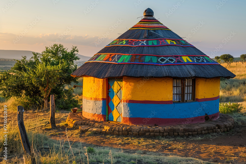 A traditional, colorful, round African hut of the Ndebele tribe in a ...