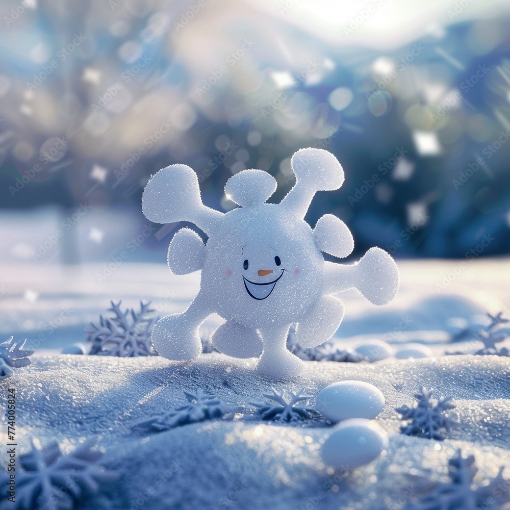 Curious snowflake exploring a winter landscape, bright colors, clean ...