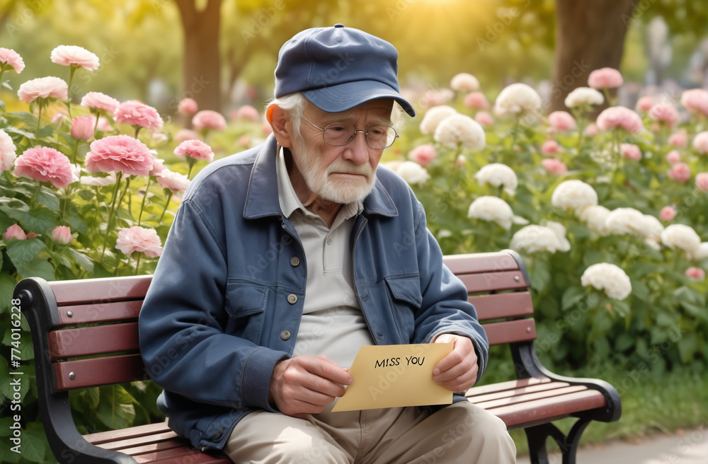 sad grandfather, old man sitting on a bench, holding a note that says ...