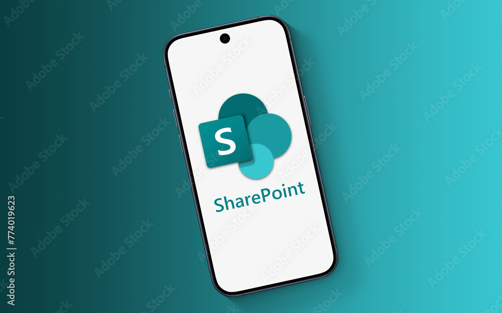 Microsoft Sharepoint logo is displayed on a smartphone, cyan gradient ...