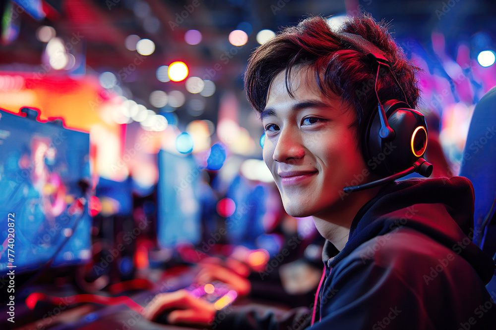 happy smiling asian teen gamer player sitting in armchair in front of ...