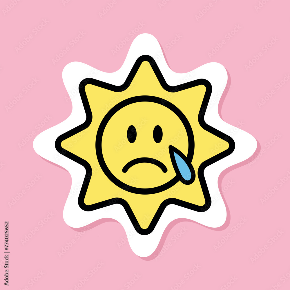 crying sun sticker, yellow symbol with black outline, cute sad emoji on ...