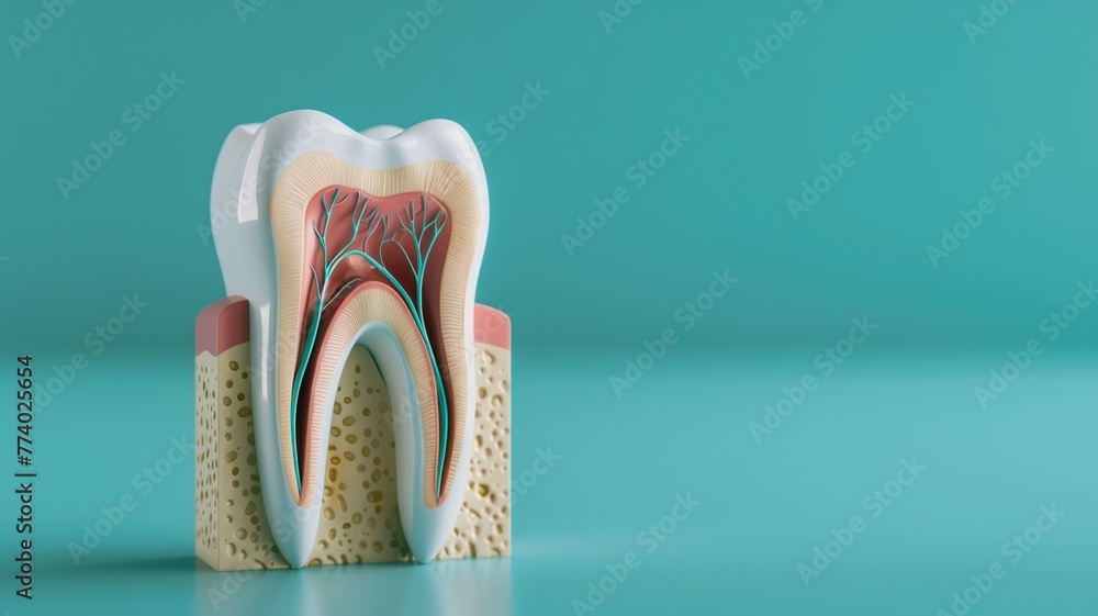 A detailed model of a human molar tooth showing internal structure on ...