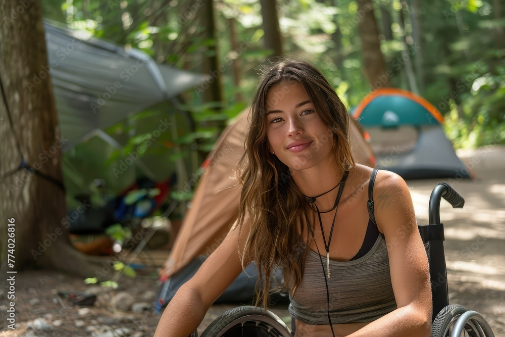 Beautiful young disabled woman sitting in a wheelchair near a tent at a ...