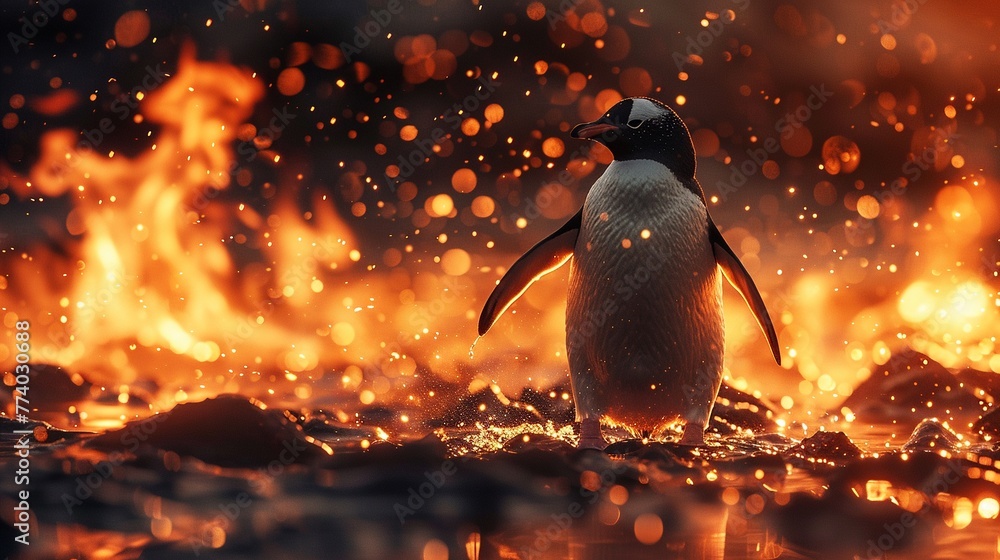 Penguin on a scorching earth, global warming crisis, wandering in heat ...