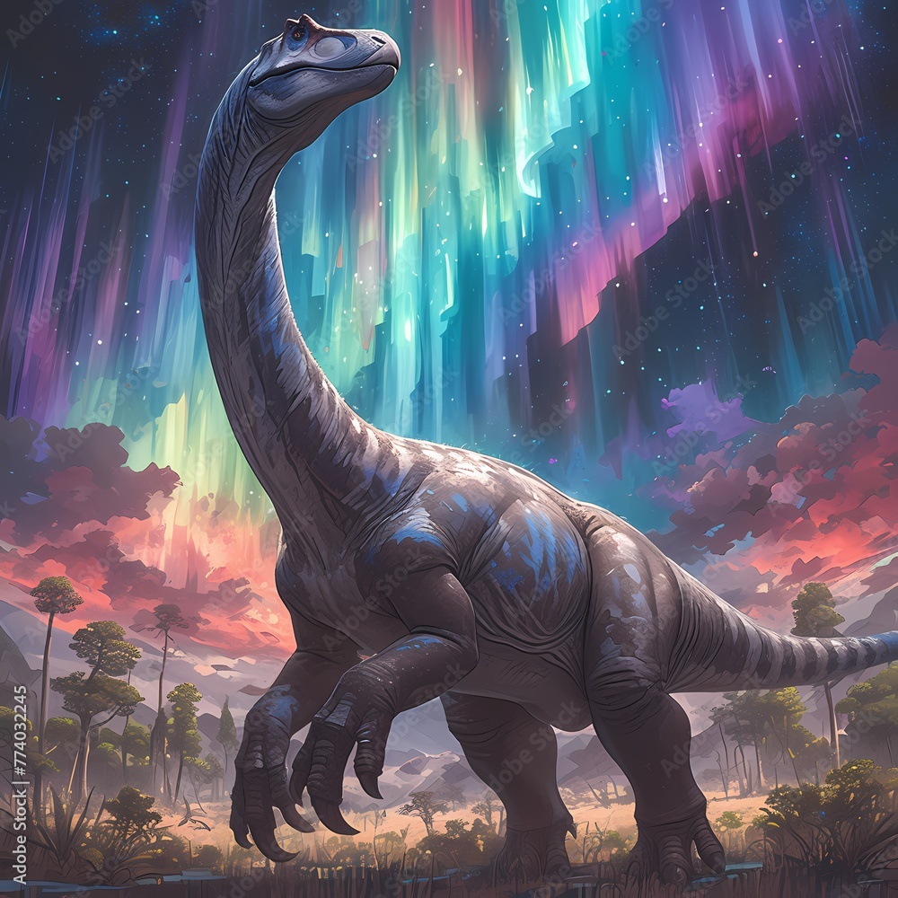 Therizinosaurus, a majestic dinosaur, stands tall in an open field ...