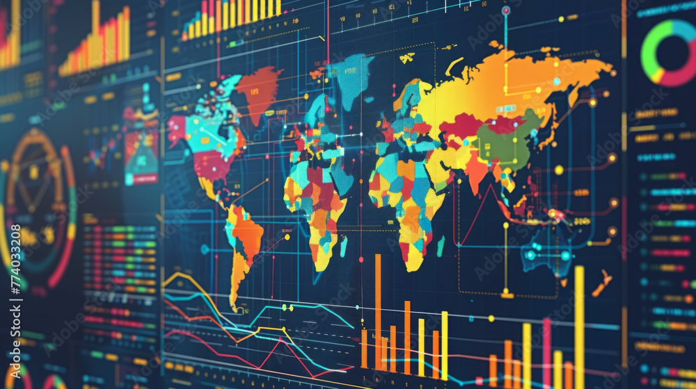 Global business analysis, A vibrant digital interface displaying a ...