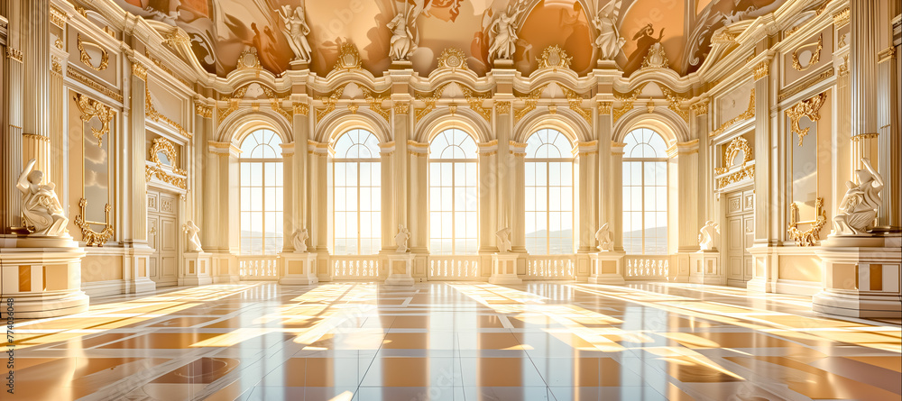 golden ballroom with a large window, large floor in gold palace ...