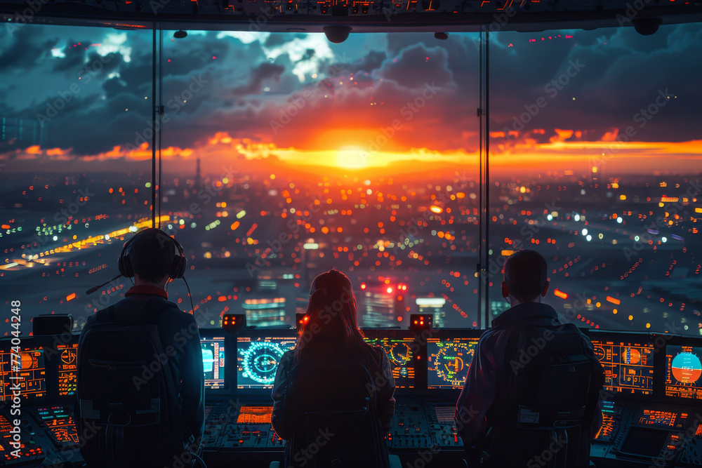 Group of air traffic controllers engaged in a bustling control tower ...