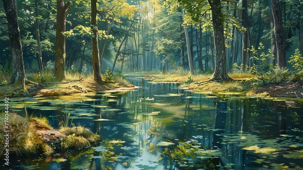 Rural landscape paintings of spring, ponds in the forest, rivers and ...