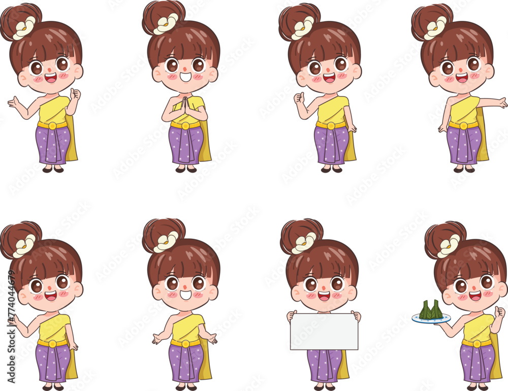 Character of traditional dress Thai girl or young woman gesture poses ...