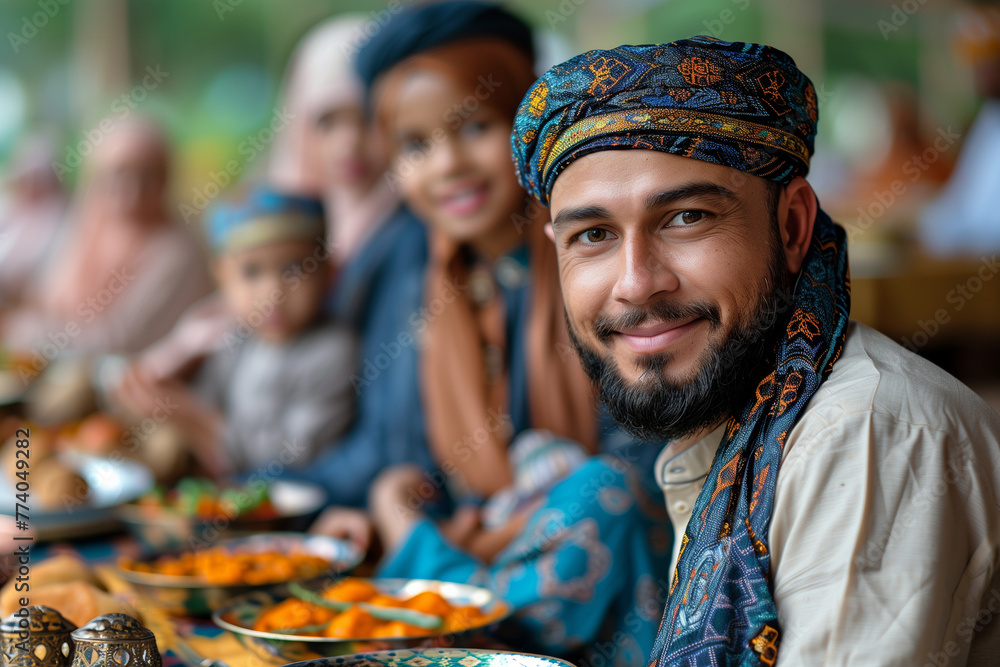 A modern and traditional Islamic family gathers for iftar during the ...