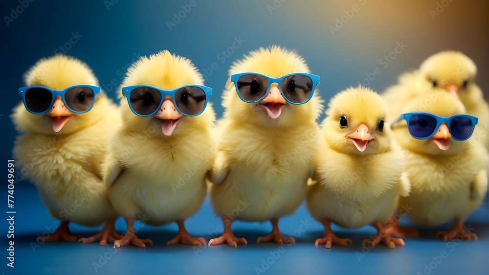 Curly yellow chicks with blue sunglasses are energetically hopping ...