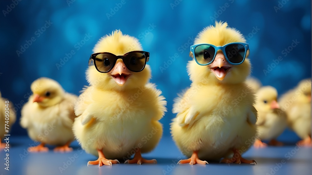 Curly yellow chicks with blue sunglasses are energetically hopping ...