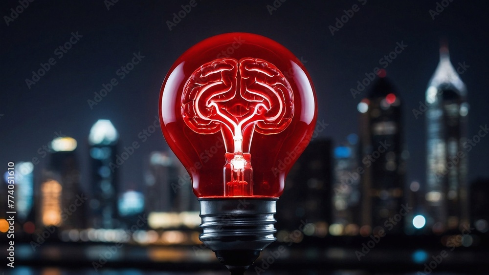 Glowing red light bulb with a brain inside in front of city skyline at ...