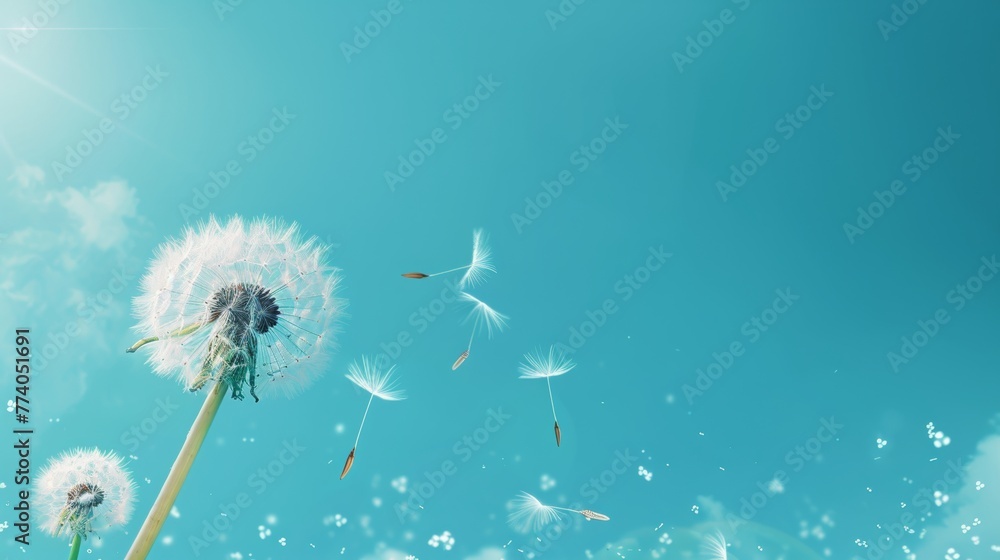 Dandelion / pusteblume seeds blowing in the wind, blurry blue sky ...