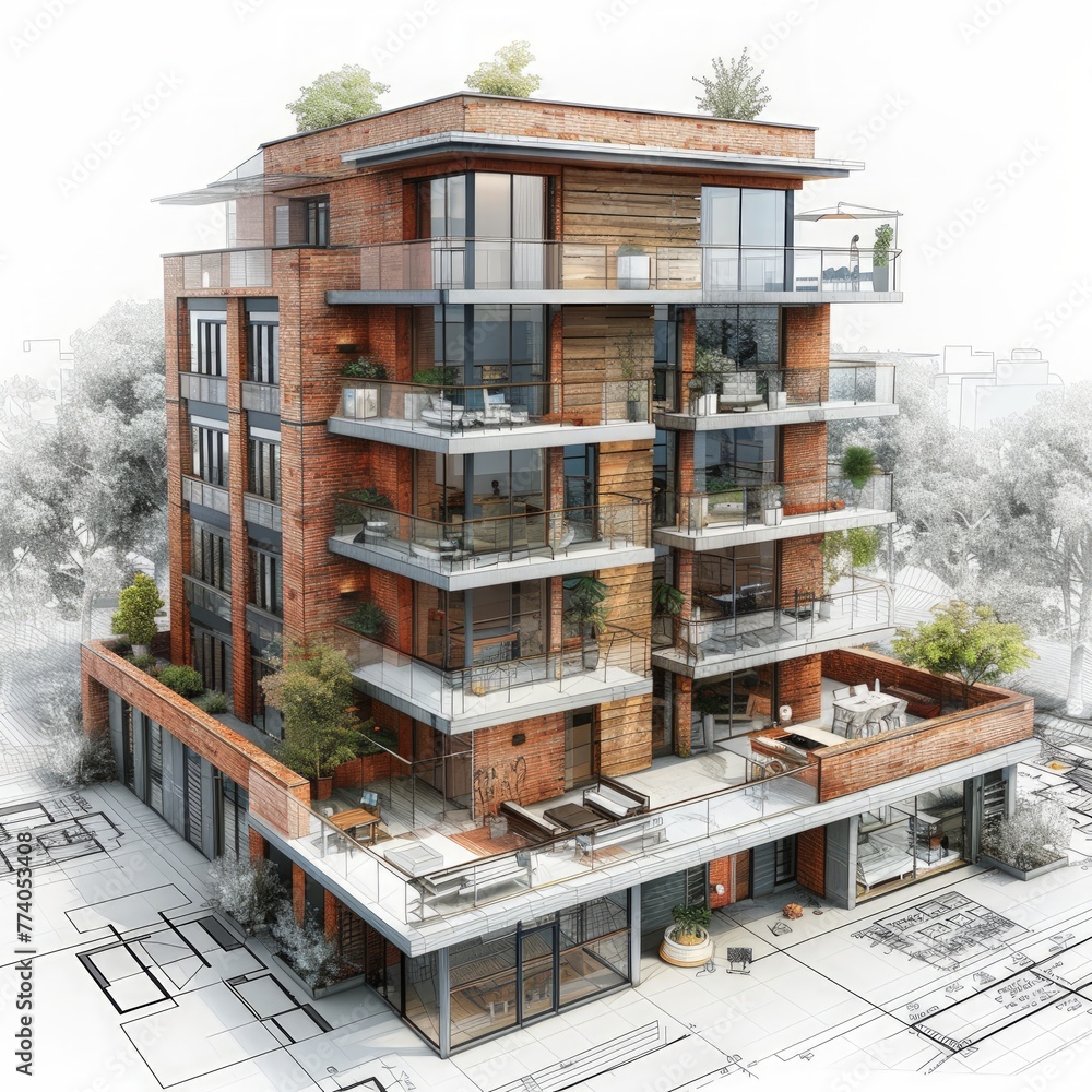 Residential building architecture project with mock up and blueprints ...