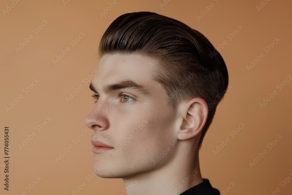 Side profile of a young man showcasing a classic slicked-back hairdo ...